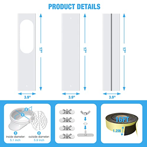Portable AC Window Vent Kit with 5.1" & 5.9" Universal Hose Adapter, YJHome Air Conditioner Window Seal Kit with 3 Adjustable Slide Seal Plates, Portable Air Conditioner Window Kit for Sliding Window