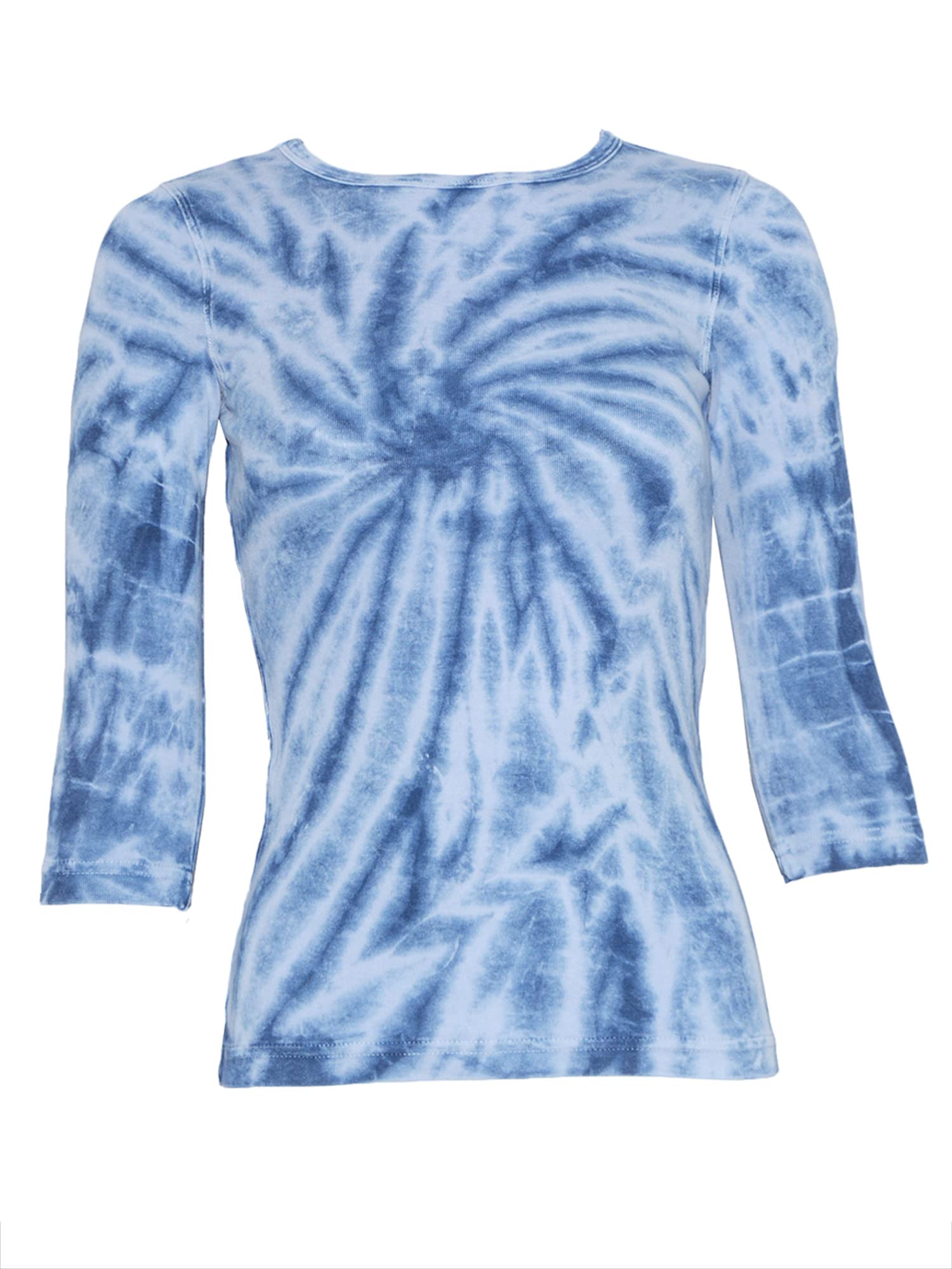 Hard Tail Forever Crew Neck Three Quarter Length Sleeve Cotton Top Style T-181 (XS, Blue Tie-Dye)