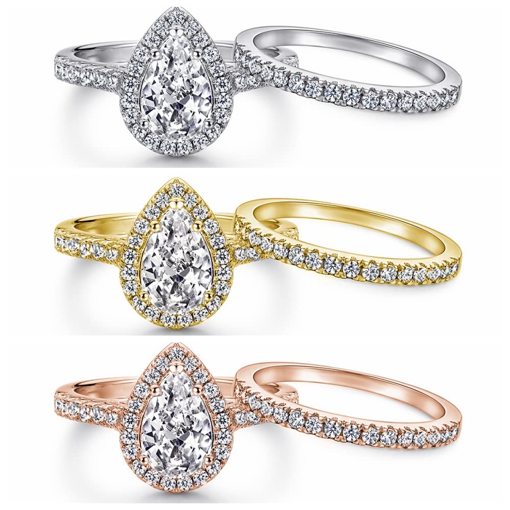Engagement Ring Sets for Women Bridal Ring Set, 2 Carat Center Pear Moissanite Wedding Ring Set 925 Sterling Silver 10K 14K 18K Gold (925 Sterling Silver)
