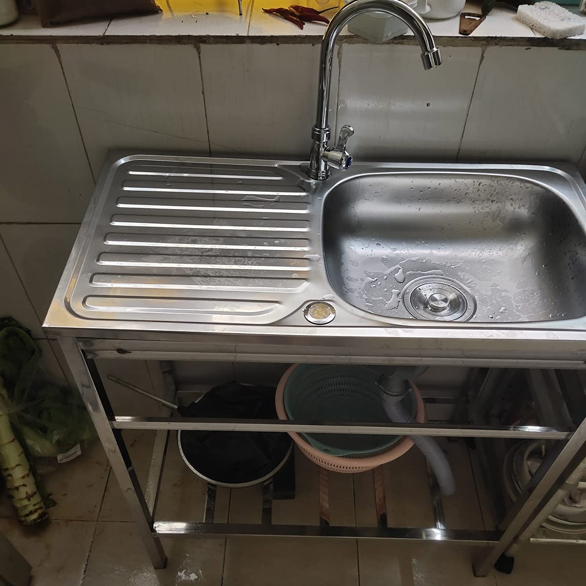 MAYKAR Kitchen Utility Sink Single with Bowl & Drain, Stainless Steel Patio Sink with Left Drainboard for Portable Handwashing Station with Faucet, 1 Compartment Business Sink for Garden/Small Rv