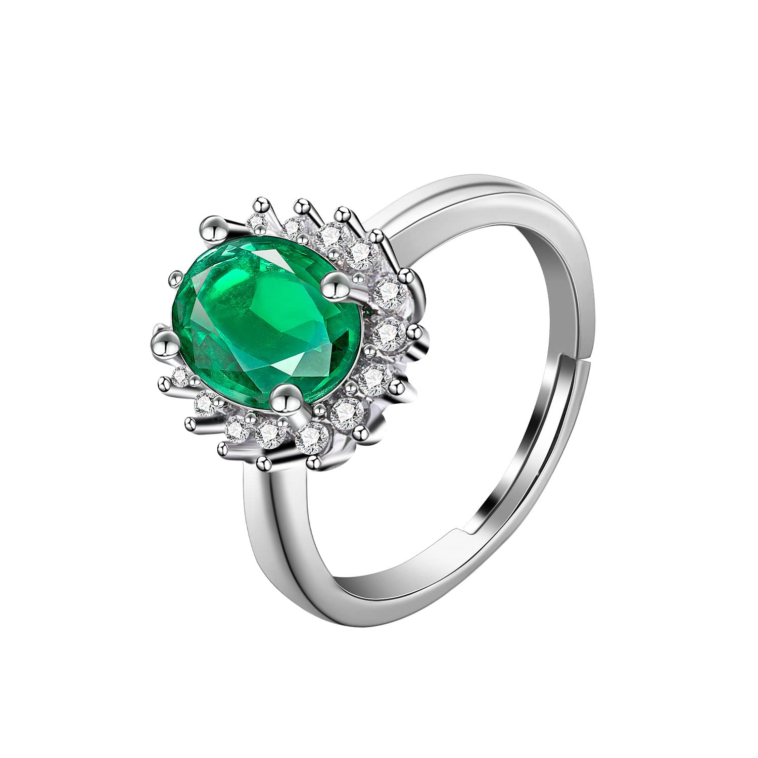 FADISH Gemstone Birthstone Sapphire Emerald Halo Statement Engagement Rings for Women, Anniversary 925 Sterling Silver Promise Rings for Her (Green)