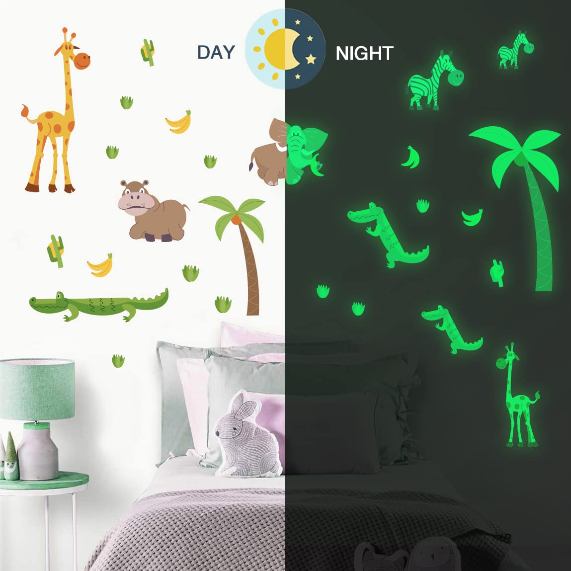 Glow in The Dark Crocodile Giraffe Zebra Tree Wall Stickers Various Cute Carton Animals Decorations for Kids Bedroom
