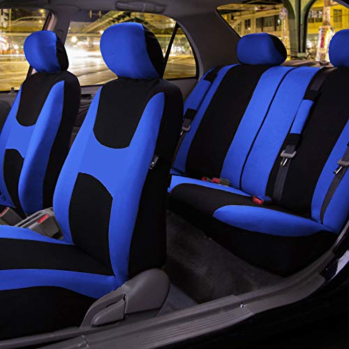 FH Group Light & Breezy Cloth Full Set Car Seat Covers (Blue/Black) Combo Set: Steering Wheel Cover, Seat Belt Pads and Black Vinyl Floor Mats β Universal Fit for Cars Trucks & SUVs