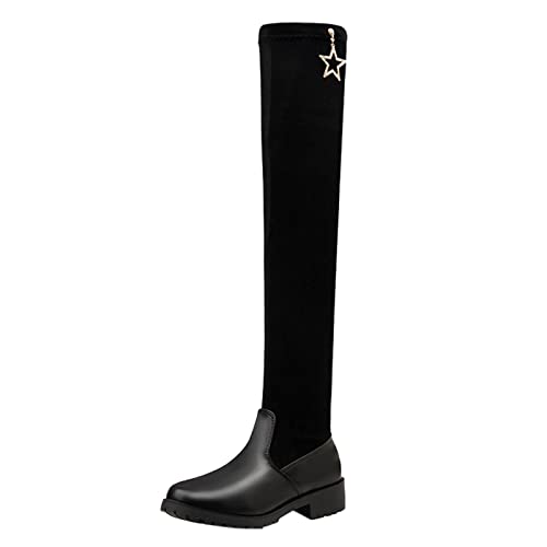 FASDNENDYS Womens Knee High Boots Round Toe Chunky Block Heels Fashion Winter Booties Stitching Women's Shoe 8 Black