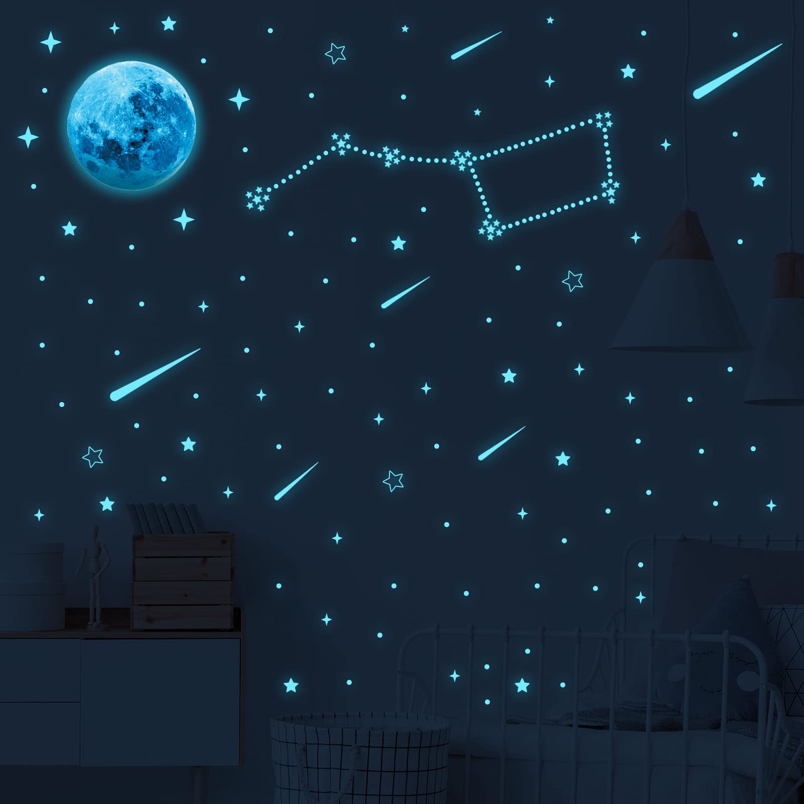 Glow in The Dark Stars for Ceiling - Glow in Moon and Stars Wall Decals for Bedroom,Starry Wall Decor for Baby Nursery Girls Boys Room