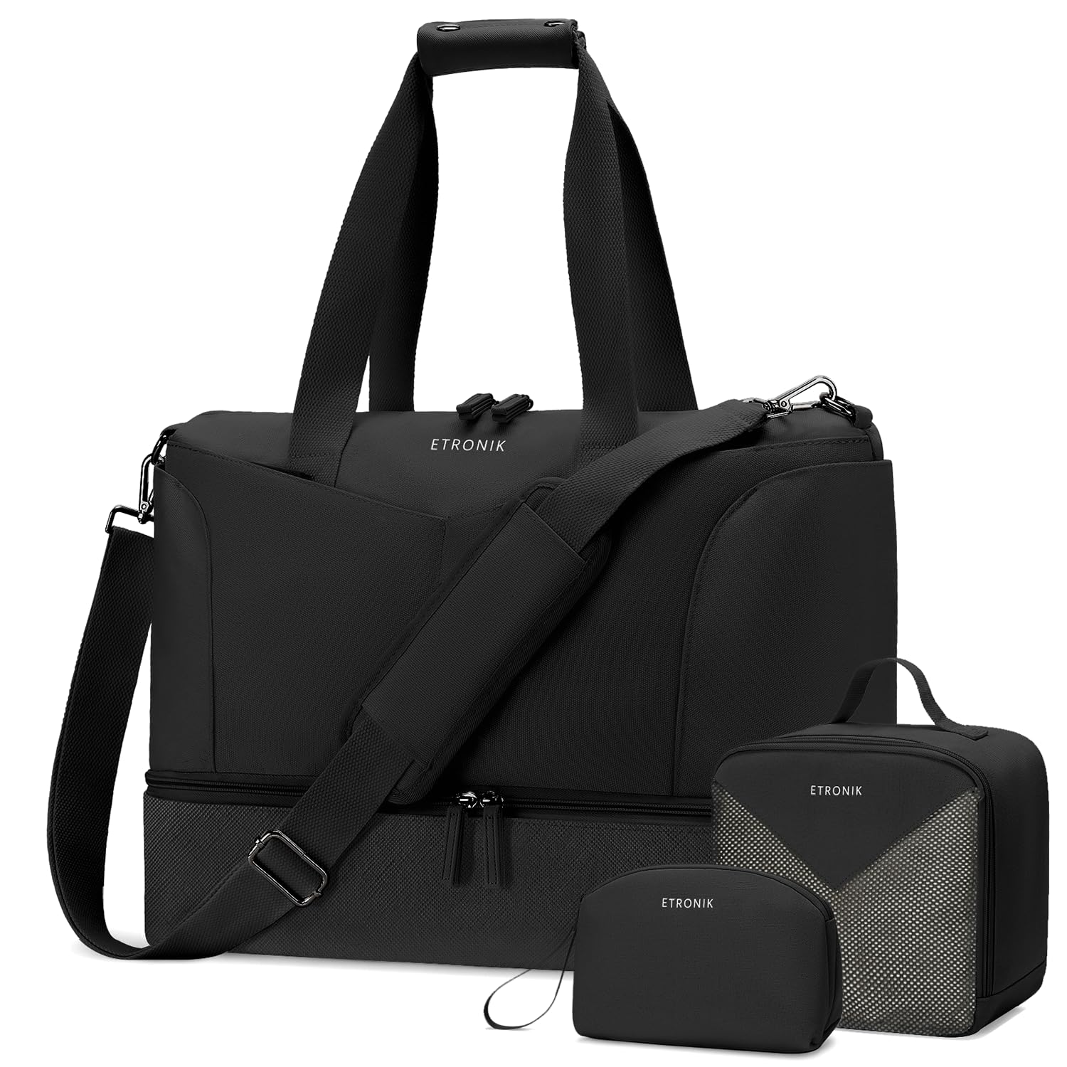 ETRONIK Weekender Bag for Women, Medium Canvas Travel Bags with USB Charging Port, Carry on Bag for Airplanes with Shoe Compartment, Overnight Gym Duffel Bag for Travel Yoga Deliver, 3 Pcs Black