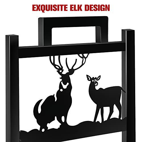 JINLLY Firewood Rack, 17.3 Inch Log Wood Storage Rack Holder with Elk Design, Adjustable Foot Pads and Handle, Outdoor Indoor Iron Fire Wood Rack Holder for Fireplace
