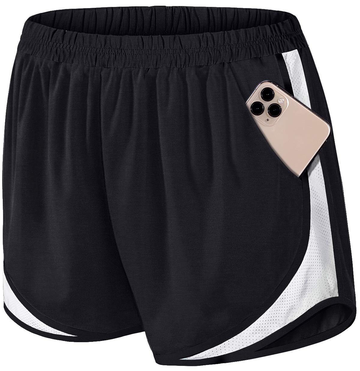 Fulbelle Running Shorts with Liner Women,Teen Girls White Workout Athletic Gym Yoga Hiking Sweat Short Pants Color Block Mesh Undershorts Black X-Large