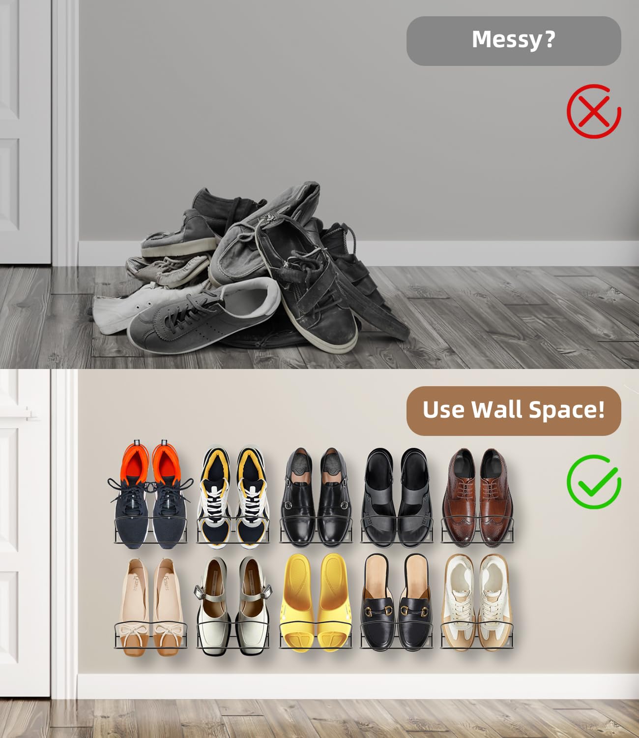 PrimZooty Wall Mounted Shoe Rack 10Pack, with Sticky Hanging Strips, Metal Wall Shoe Storage, Hanging Shoe Organizer for Wall/RV/Door