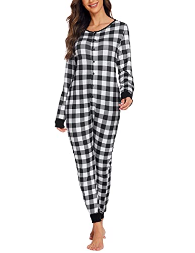 Ekouaer Warm Onesie Pajamas for Women Adults Button Down Plus Size Black Plaid One Piece PJs Black/White Plaid XXL