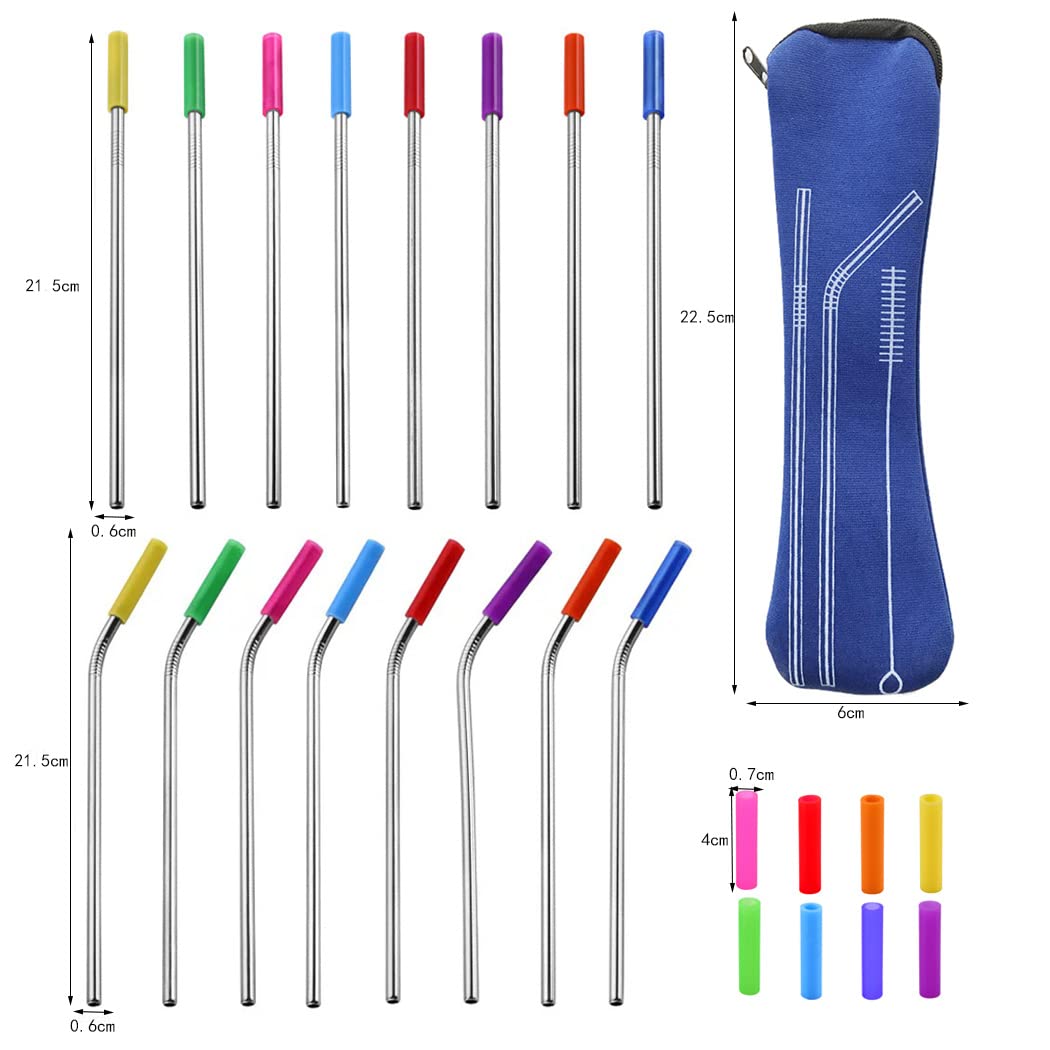 Hoshen 7 Piece 8.5 Inch Reusable Stainless Steel Straw Set With Anti-Scratch Mouth Silicone Tip, Bone Pack Set (3 Straight/3 Curved/1 Brush/6 Silicone Mouth) - Red