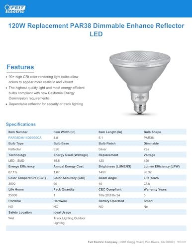 Feit Electric PAR38 LED Bulb, 120W Equivalent, Non Dimmable, 3000k Bright White, 1400 Lumens, 22 Year Lifespan, E26 Base, PAR38 Flood Light Bulb, CRI 90, Damp Rated, 1 Pack, PAR38DM/1400/930CA