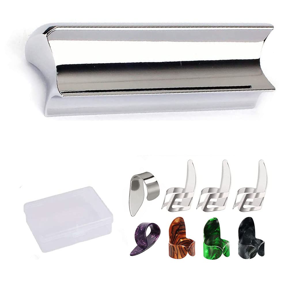 Guitar Slides Steel Slide Tone Bar for Electric Guitar, Dobro, Hawaiian Guitar, Lap Steel Guitar, Stainless Steel Metal Thumb & Finger Picks Plectrums