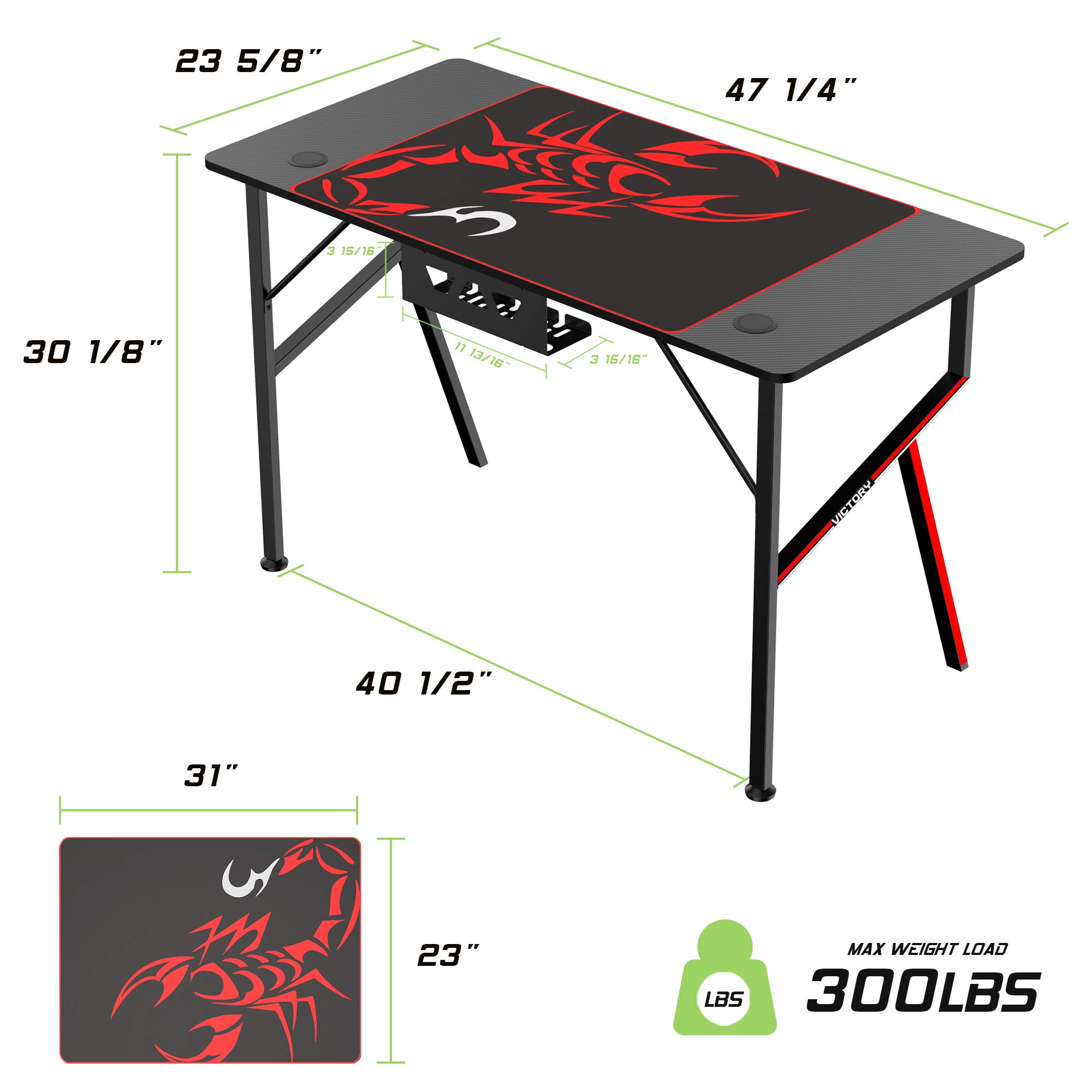 EE EUREKA ERGONOMIC Gaming Desk 47 Inch, Small Gaming Computer Desk Table for Small Space Gamer Desk with Mouse Pad Headset Hook Cup Holder Controller Stand, Black