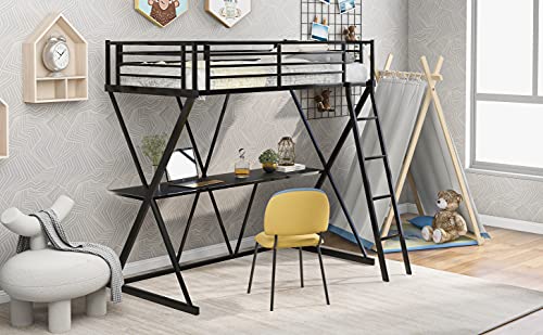 Twin Loft Bed with Desk, Loft Bed with Ladder and Full-Length Guardrails, X-Shaped Frame,Maximum Weight of 220 lb, Black(New)