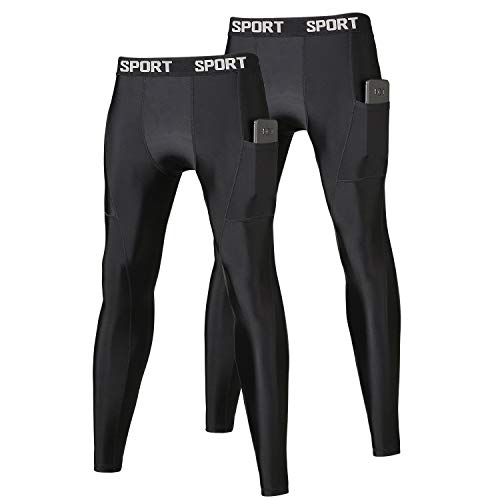 FANDIMU Men's Compression Pants, Cycling Pants, Tight Base Layer Gym Workout High Elasticity Leggings with Pocket, 2 Packs L