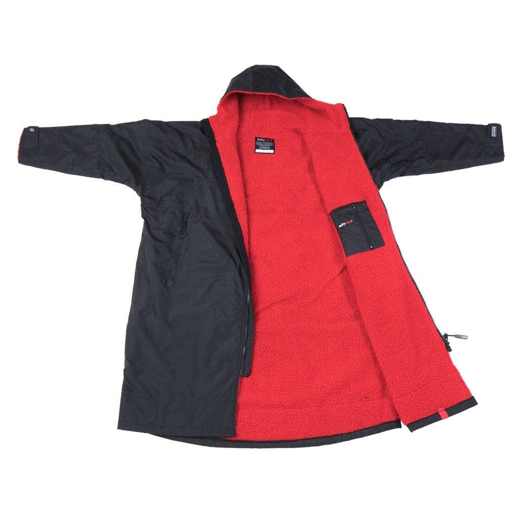 Dryrobe Advance LONG SLEEVE Change Robe - Stay Warm and Dry - Waterproof Oversized Swim Parka - Swimming/Surfing/OCR Events (Large - Black/Red)