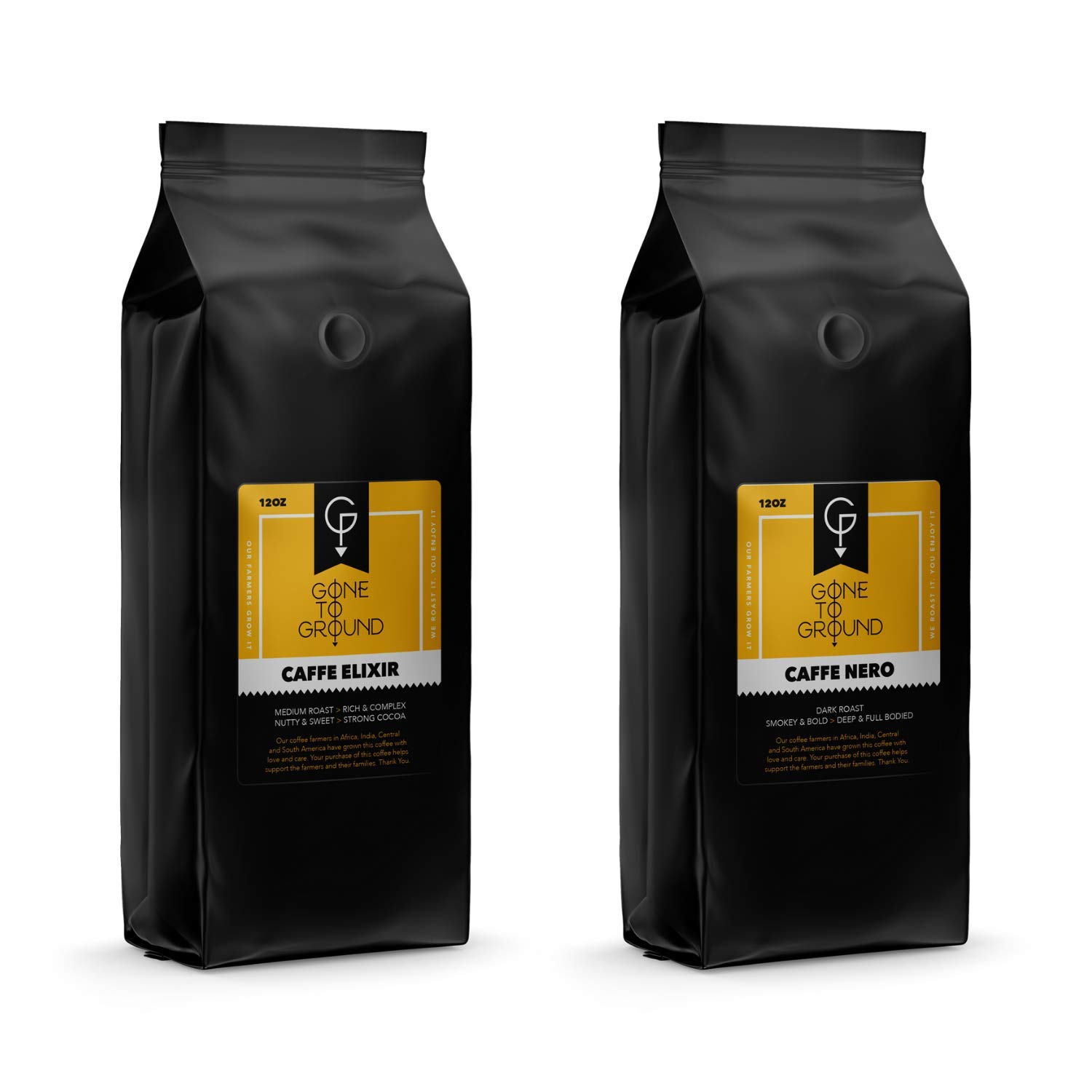 Gone To Ground - Premium Medium & Dark Roast 12 Ounce Ground Coffee Bundle (2 Pack) - Medium Roast Notes: Cocoa, Chocolate, Rich & Complex | Dark Roast Notes: Bold, Full Bodied with Hints of Tobacco