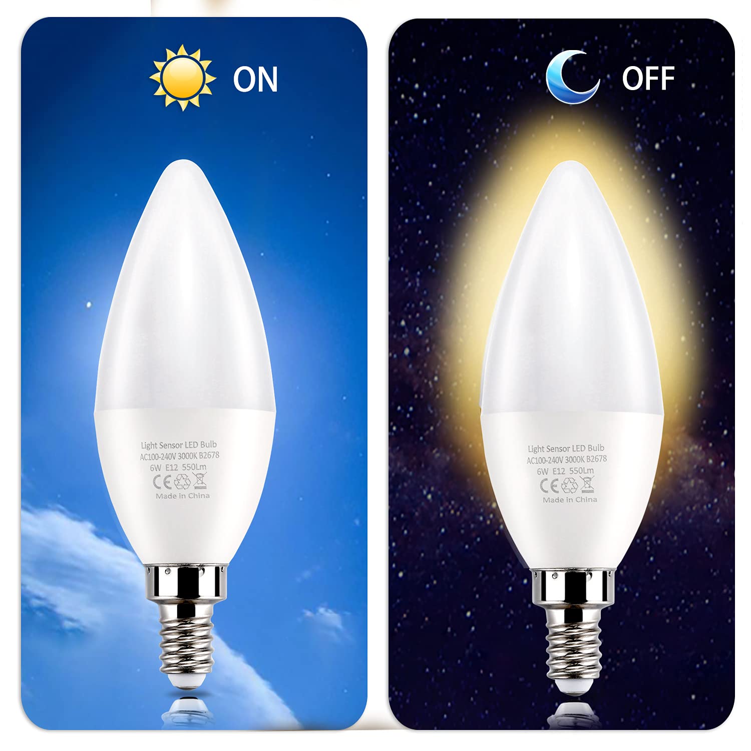 Dusk to Dawn Night Light Bulbs 6W E12 Light Sensor Bulb 3000K 60w Equivalent LED Bulb E12 LED Candelabra Bulb Base,Auto On and Off for Home,Outdoor,Yard Light,Warm White (2 Pack)