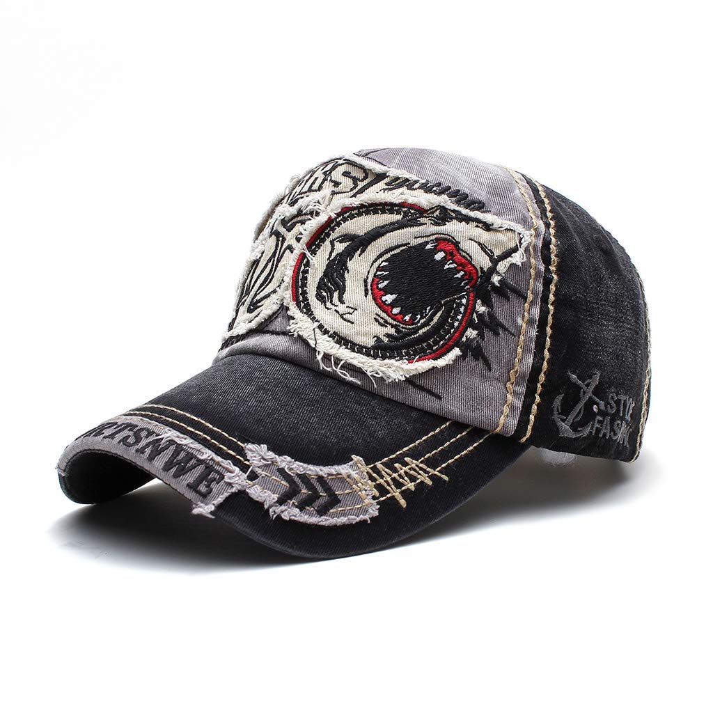 Elwow Men's Oilcloth Front Decor Washed Distressed Embroidery Baseball Cap Driver Trucker Hat with Eagle & Shark Patch (Shark Black)