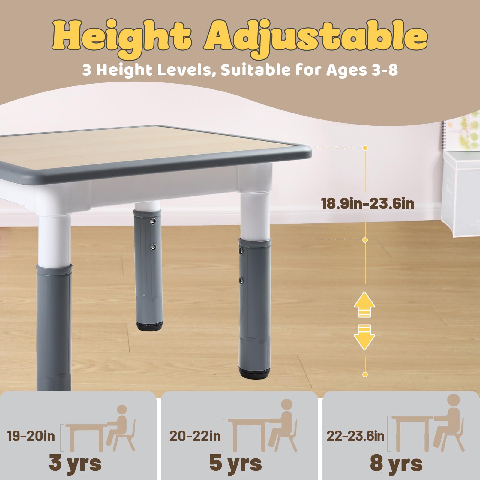FUNLIO Kids Table and 2 Chairs Set for Ages 3-8, Height Adjustable Toddler Table and Chair Set, Easy to Wipe Arts & Crafts Table, for Classrooms/Daycares/Homes, CPC & CE Approved (3pcs Set) β Grey