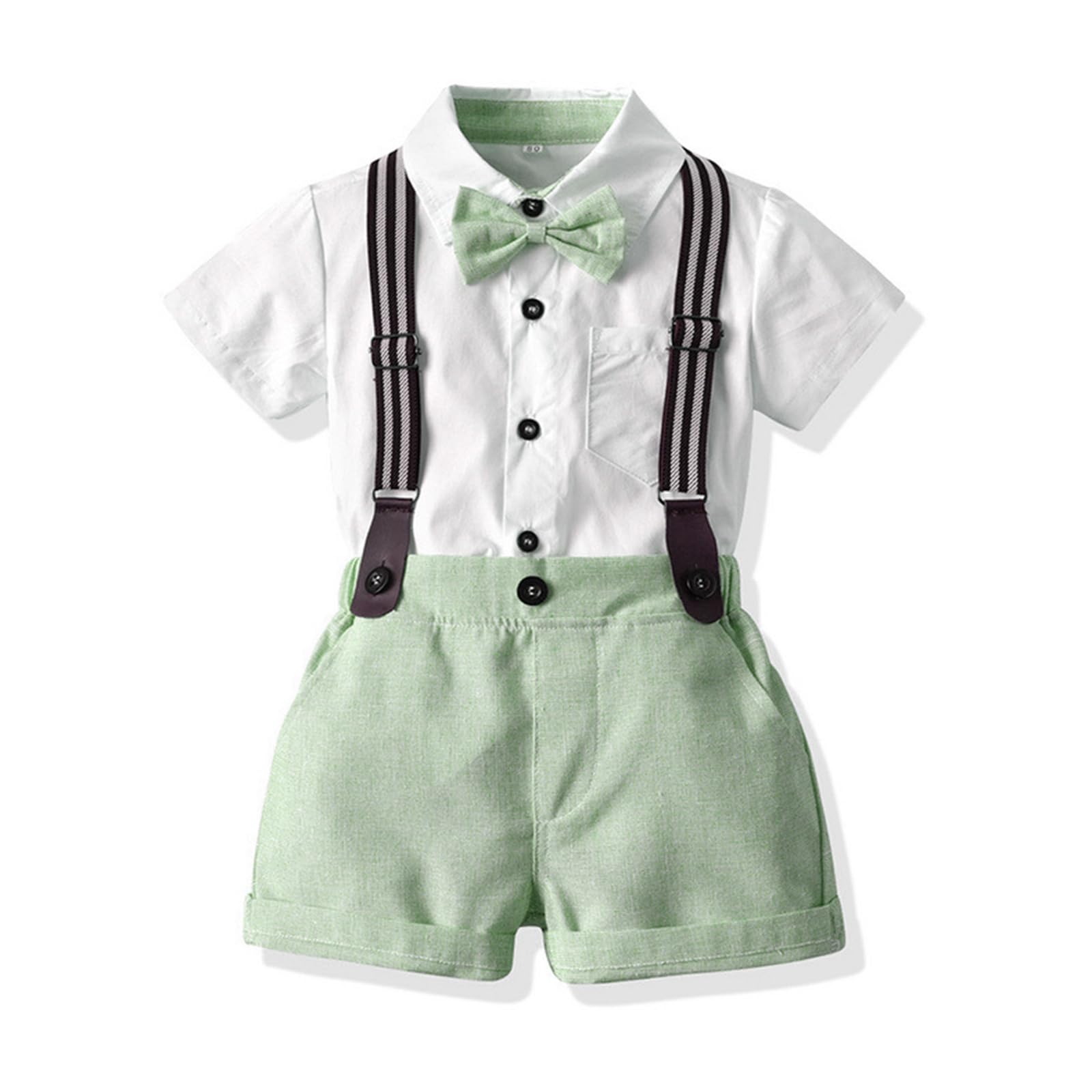 Volunboy Baby Boy Formal Short Set Toddler Summer Gentleman Outfit Kid Short Sleeve Bowtie Shirt Suspender Shorts Suit (White+Green, 2-3T)