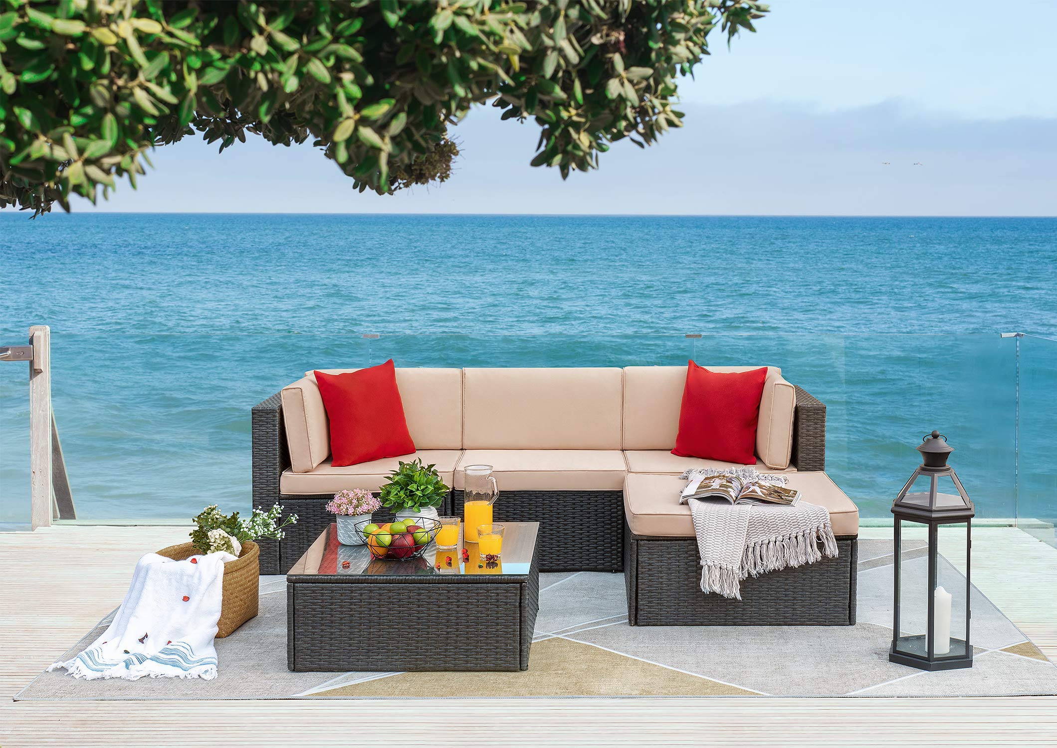 Flamaker 5 Pieces Patio Furniture Set Outdoor Sectional Sofa Patio Sofa Conversation Sets with Ottoman and Cushions