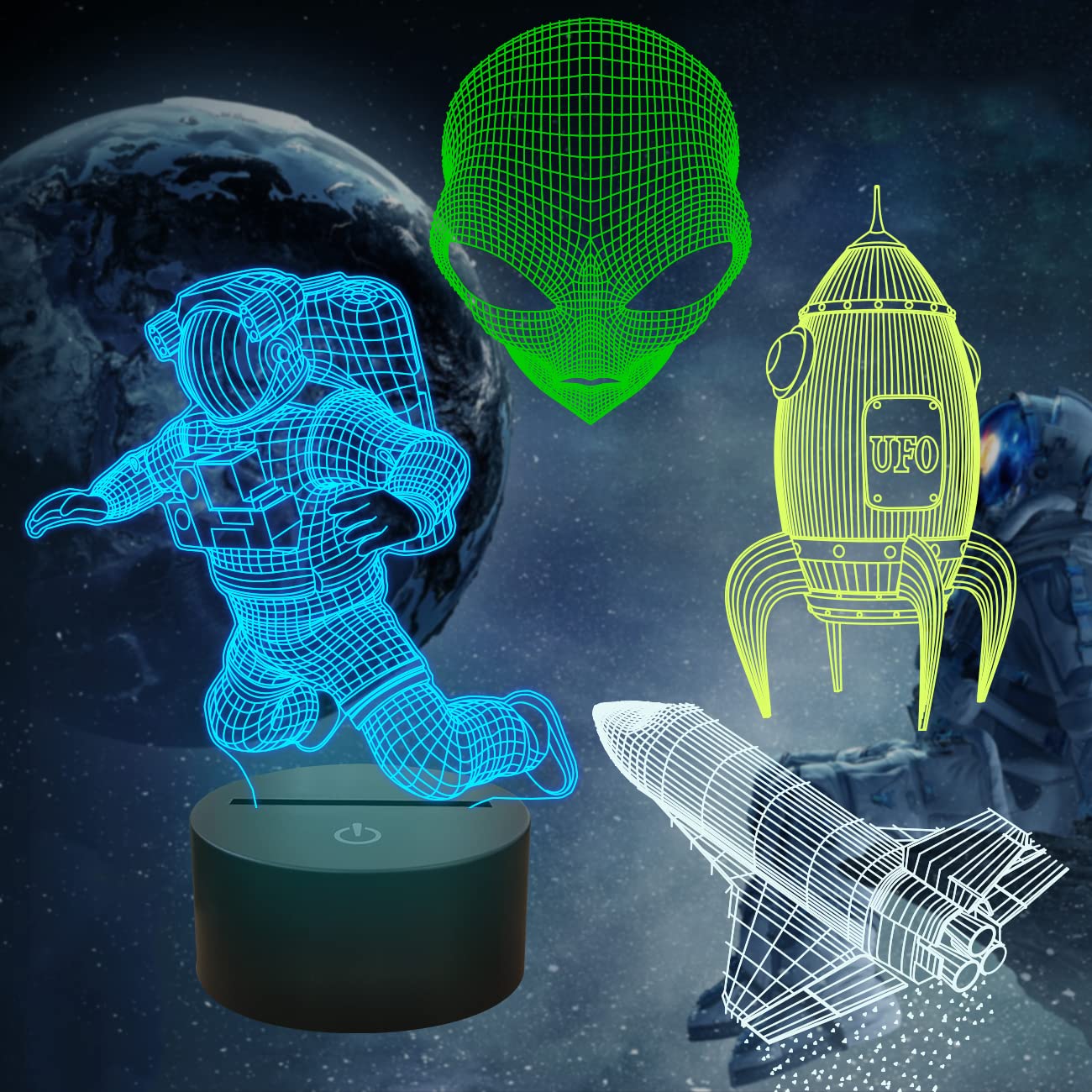 FULLOSUN Outer Space Gifts, 3D Spaceman Astronaut Rocket Alien Night Light for Kids (4 Patterns) with Remote 16 Colors Changing Dimmable Function, Christmas for Science Space Fan Boy Child