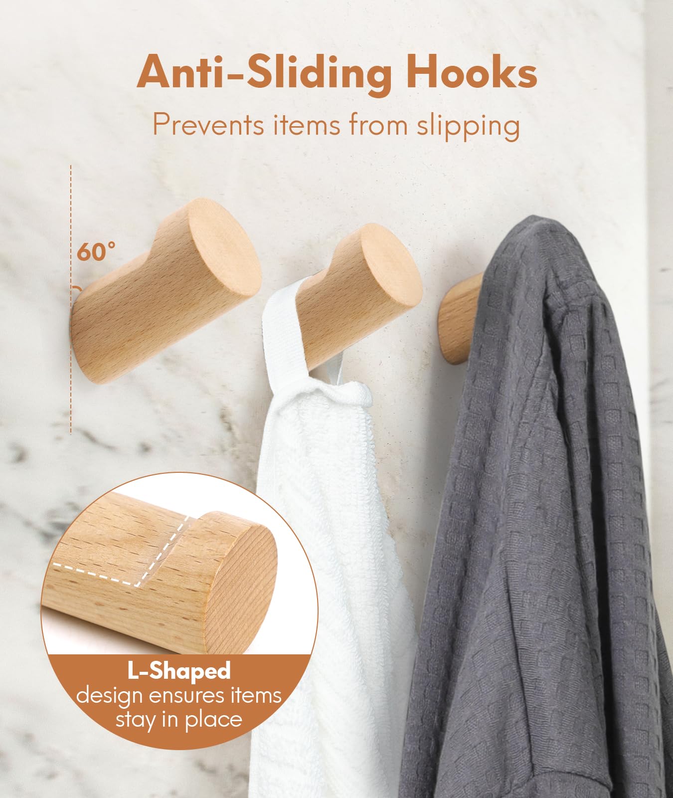Optish Wood Wall Hooks for Hanging, 6 Pack Hat Hooks for Wall, Decorative Wall Hooks, Coat Hooks Wall Mounted, Heavy Duty Entryway Wall Hangers (Beech)