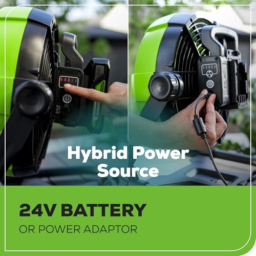 Greenworks 24V 10" (5-Speed) Fan (500 CFM), Hybrid (AC / DC), 2.0 Ah USB (Power Bank) Battery and Charger Included