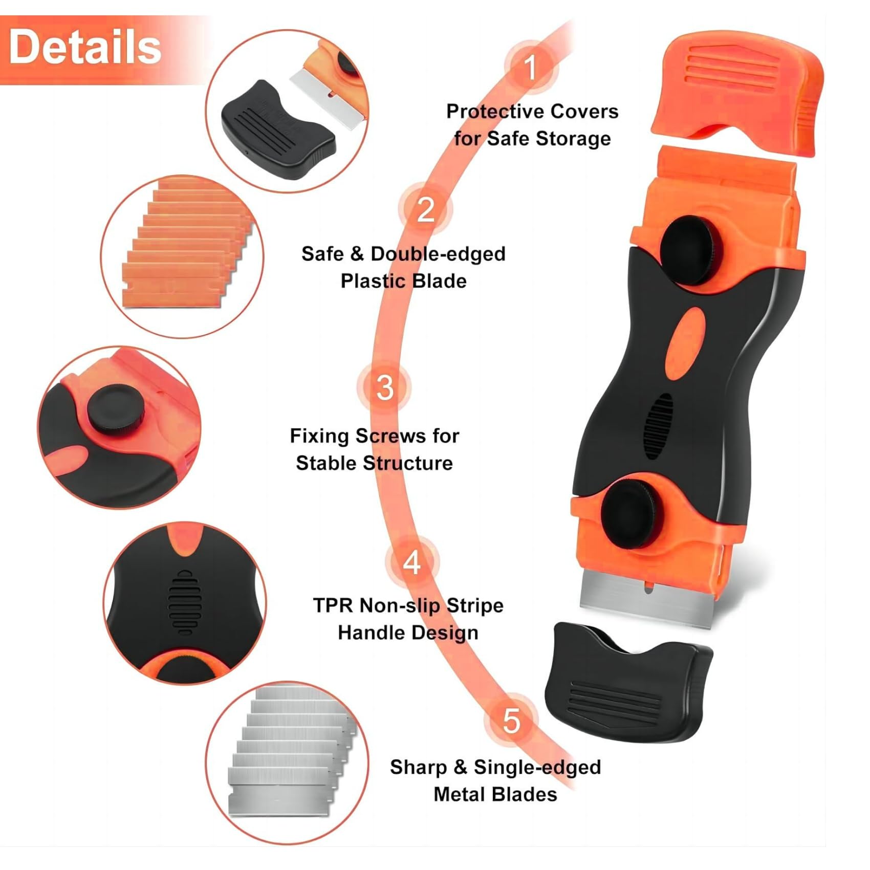 Scraper Tool Set with 20 Razor Blades for Removing Labels, Decals and Stickers from Glass and Stove Tops, 2-in-1 Design,Black and orange (orange)