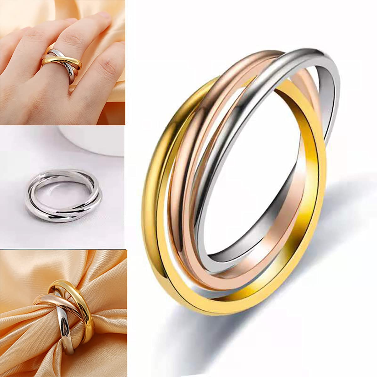 ERLOSYA Triple Interlocking Band Rings for Women,Stainless Steel Spinner Rings for Men Relieving Stress Anxiety,Stacking Cross Rotate Rings Set Size 6-10 (9)