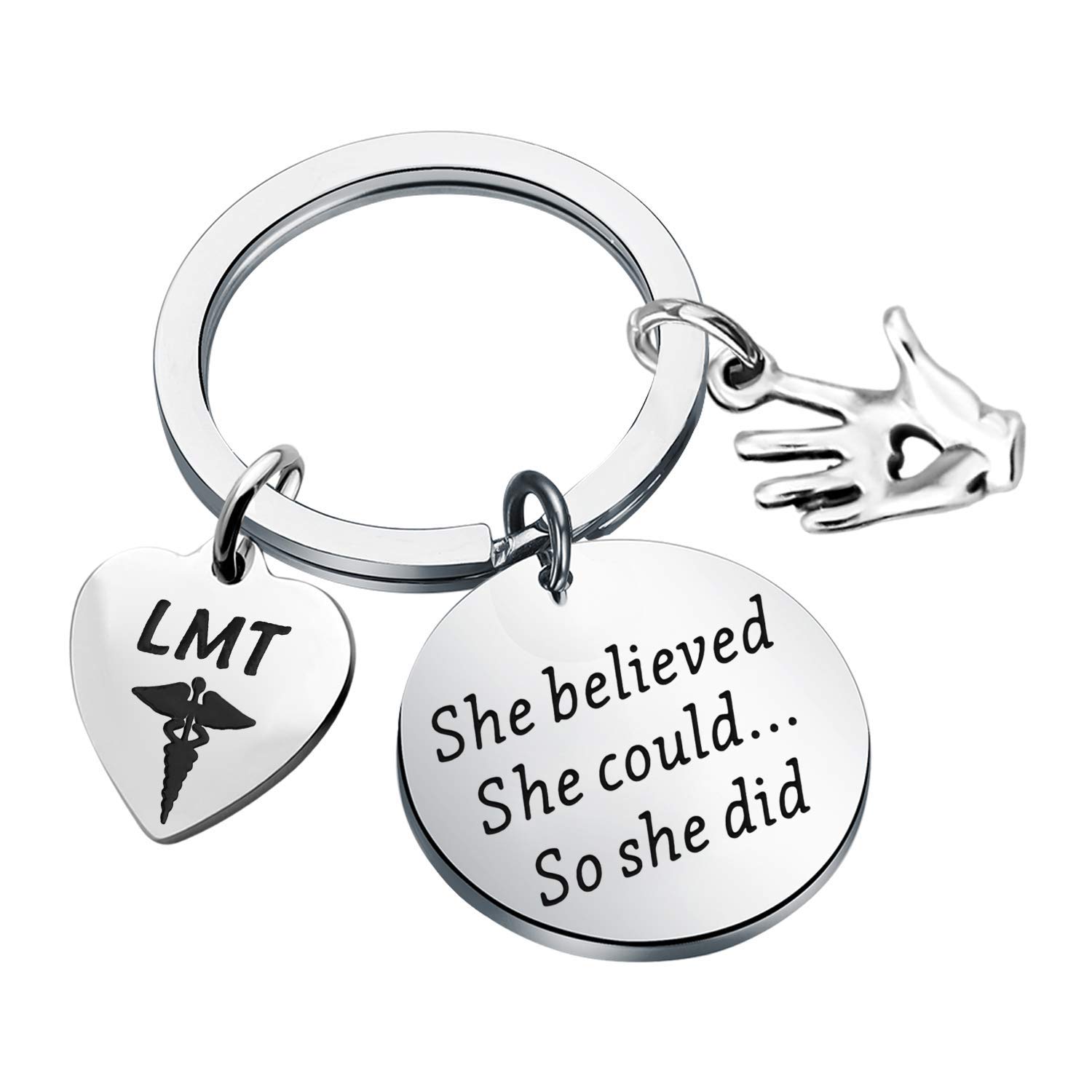 ENSIANTH Massage Therapist Keychain (Silver) - She Believed She Could So She Did, Licensed Massage Therapists Graduation Gift, Stainless Steel, Hypoallergenic, Unisex