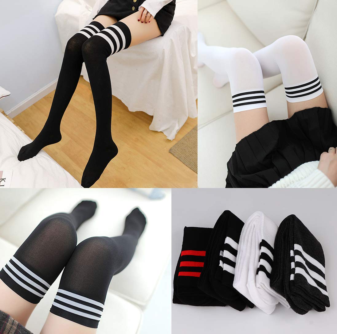 FIBO STEEL 6-8 Pairs Long Thigh High Socks for Women Striped Knee High Leg Warmers