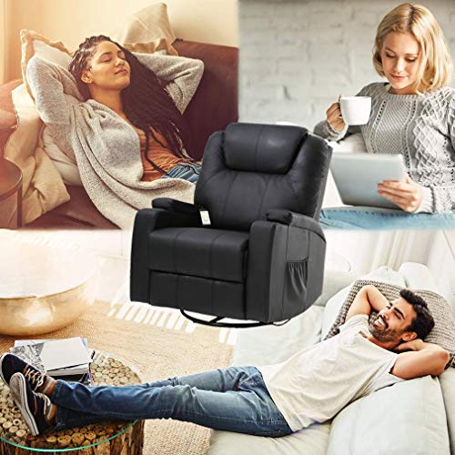 Massage Recliner Chair Rocking Swivel Chair with Heated Massage Ergonomic Lounge 360 Degree Swivel Single Sofa Seat and Two Hidden Cup Holders (Black)
