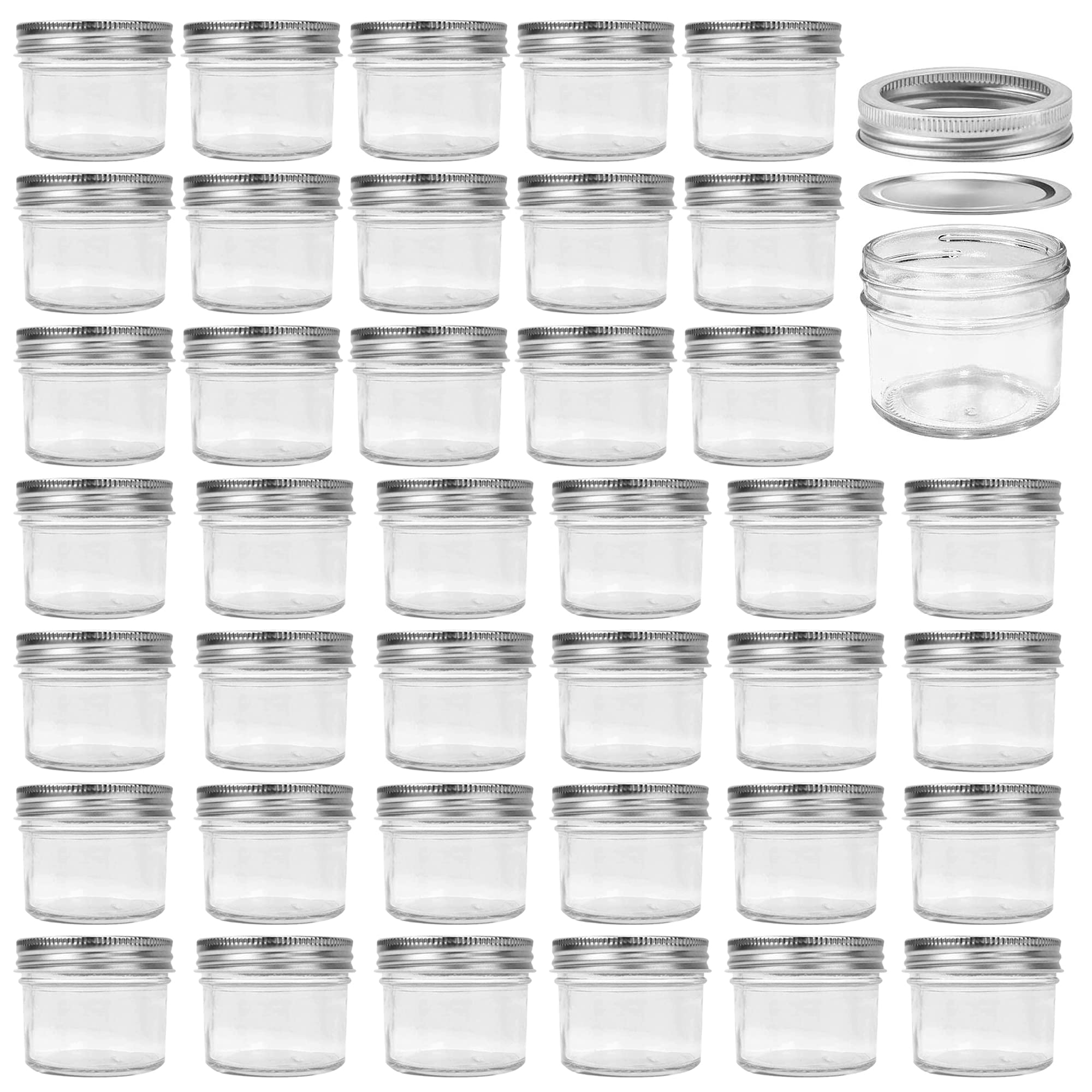 Josisi 4oz Mason Jars, 40pcs Glass Round Canning Jars with Silver Regular Lids and Bands, Jam, Jelly Containers for Honey, Yogurt and Wedding Favors
