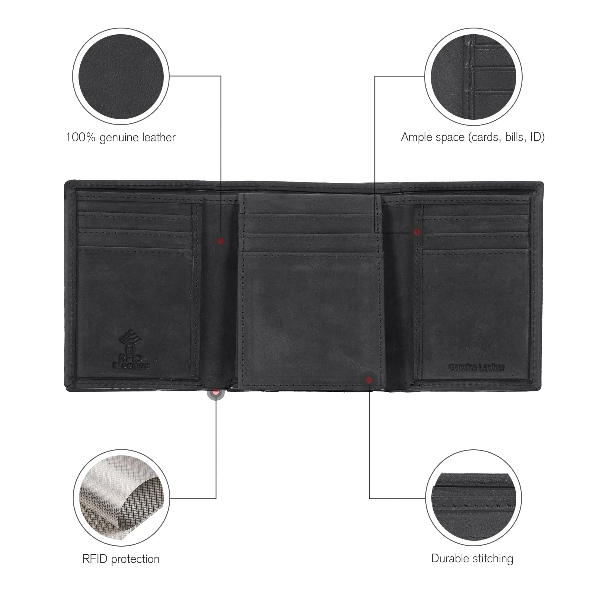 ESTALON Leather Trifold Wallet For Men with RFID Blocking - Men's Trifold Wallet with 9 Credit Card Slots 2 ID Window - Gifts For Men, Him (Black Hunter)