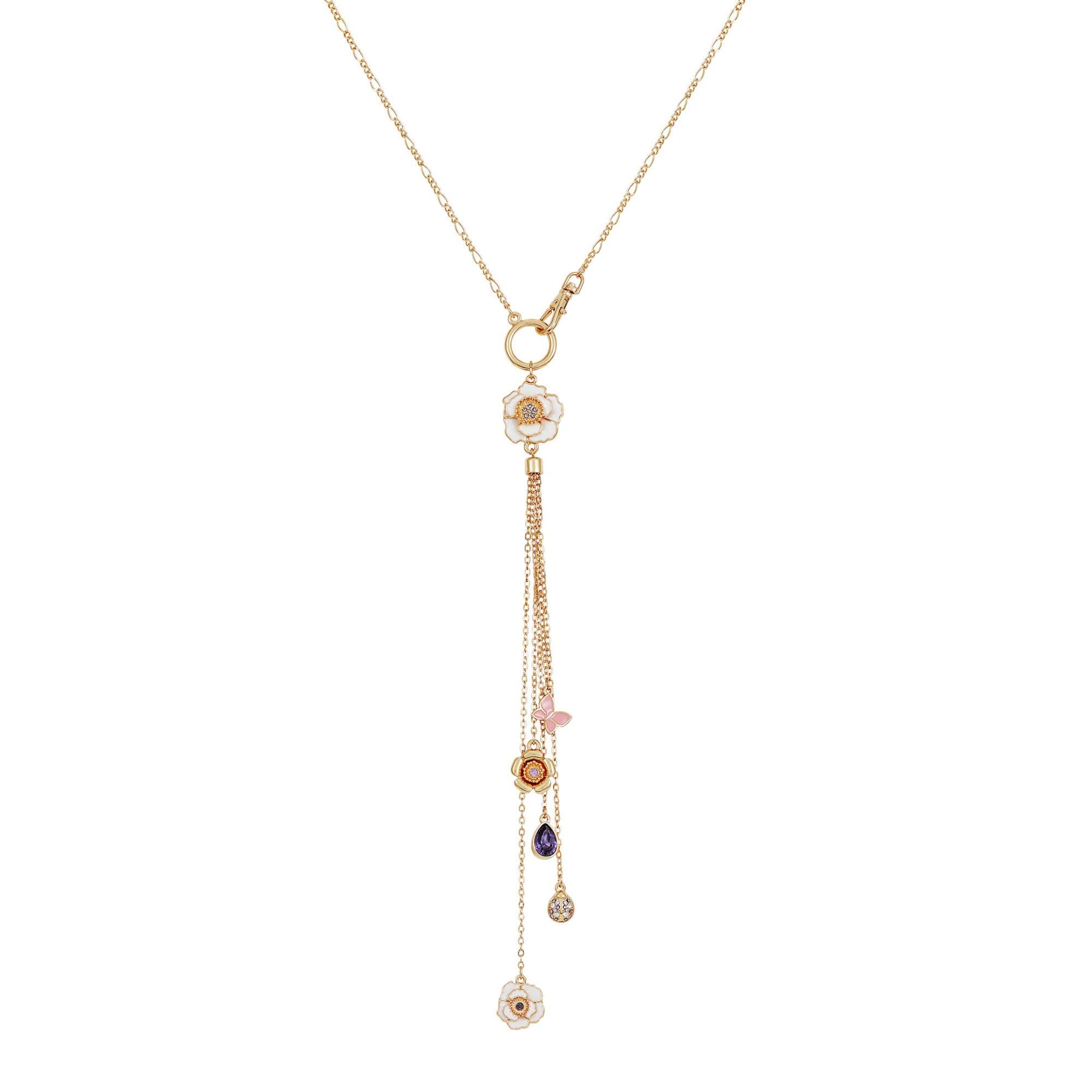 GUESS Long Goldtone Y Necklace with Flower Tassel Decoration