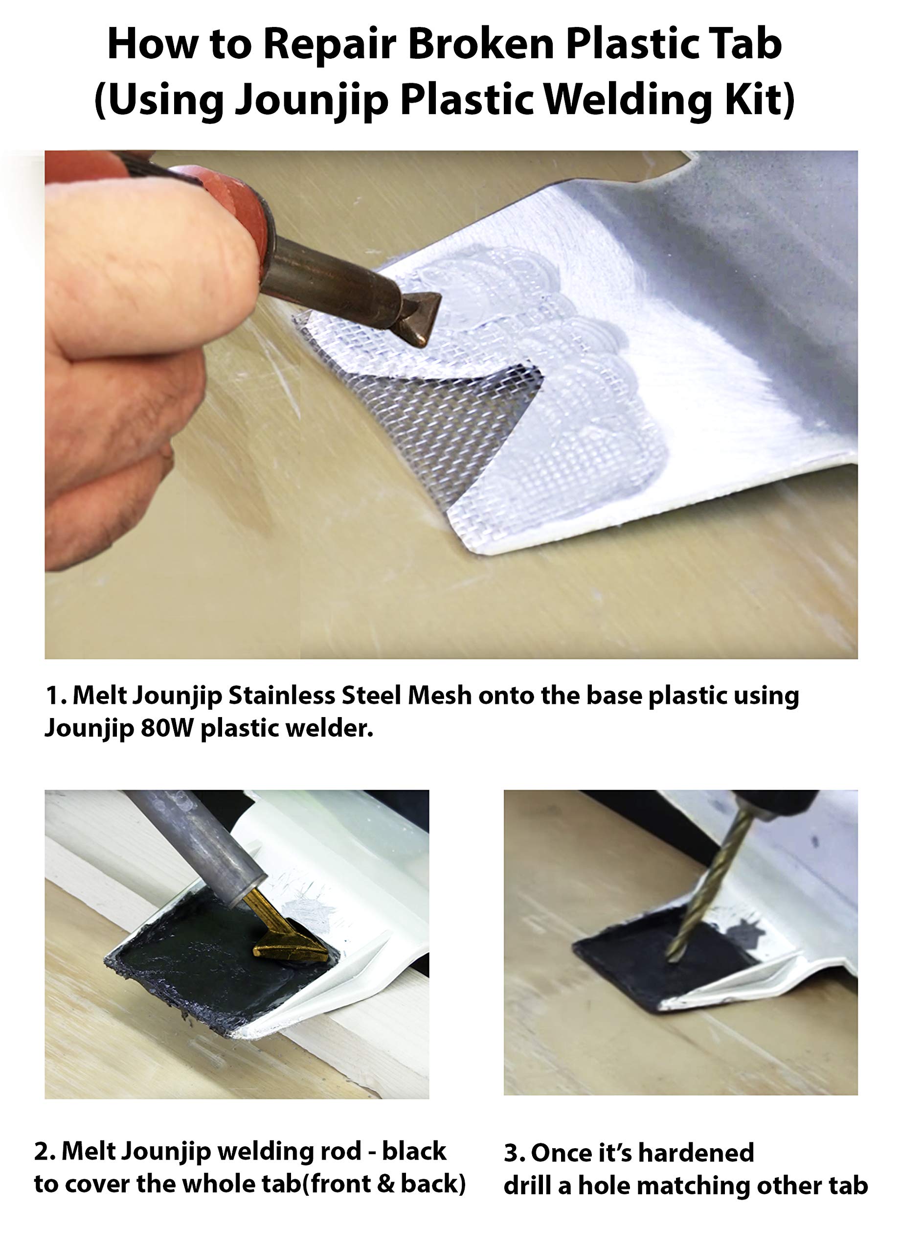 JOUNJIP PolyPlaz Welding Rods + Wire Mesh - Includes a 40-Pack of Black PolyPlaz Flat Ribbon Welding Rods and a 2-Pack of Reinforcing Stainless Steel Mesh - For Use With Jounjip Plastic Welding Kit