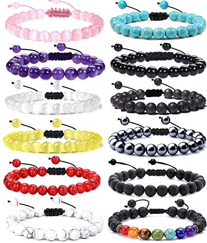 FINZOR 12Pcs 8mm Healing Stone Beads Bracelets for Women Men Semi-precious Gemstone Crystal Beaded Bracelets Lava Rock Tiger Eye Amethyst Chakra Bracelets Unisex Adjustable