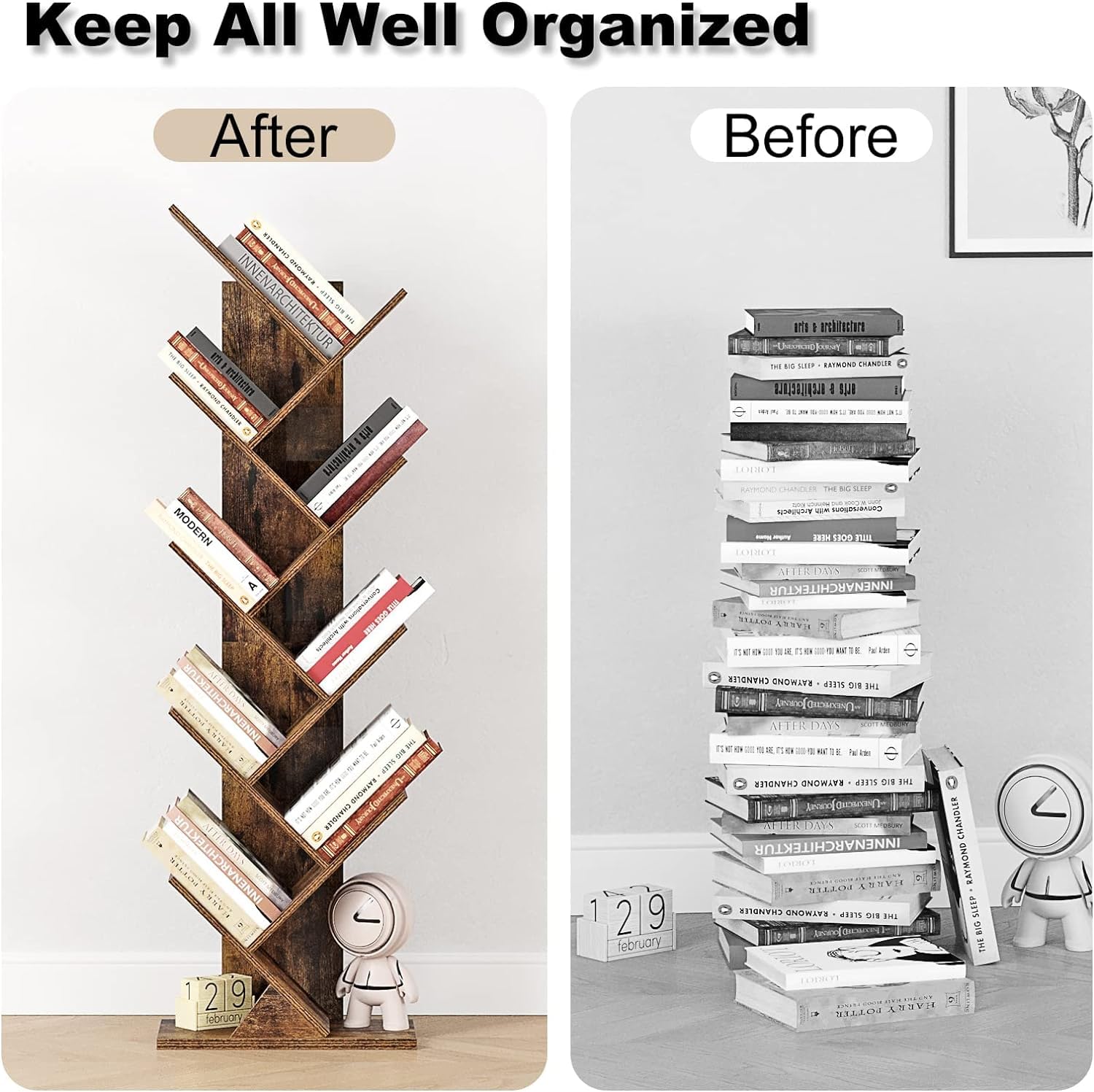 Function Home 9 Tier Tree Bookshelf, Modern Tall Geometric Bookcase, Freestanding Book Shelf, Wood Floor Storage Shelf for Living Room, Bedroom, Home Office,Rustic Brown