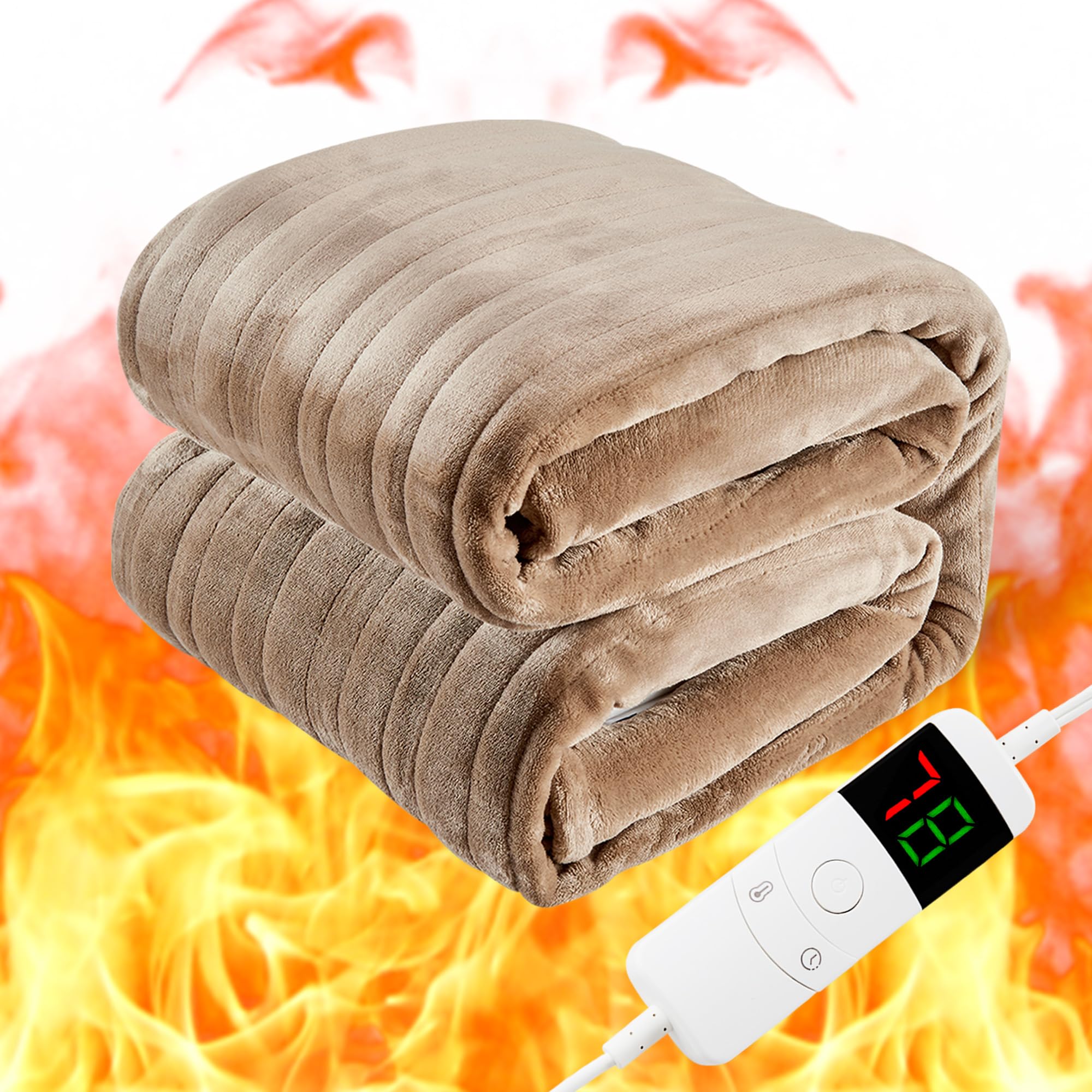 Flannel Electric Blanket King Size with Double 10 Heating Setting Controllers Fast Heating Heated Blanket Throw for Bed Couch, 1/2/4/6/8H Selectable Auto Shut Off Settings, 100"x90", Grey
