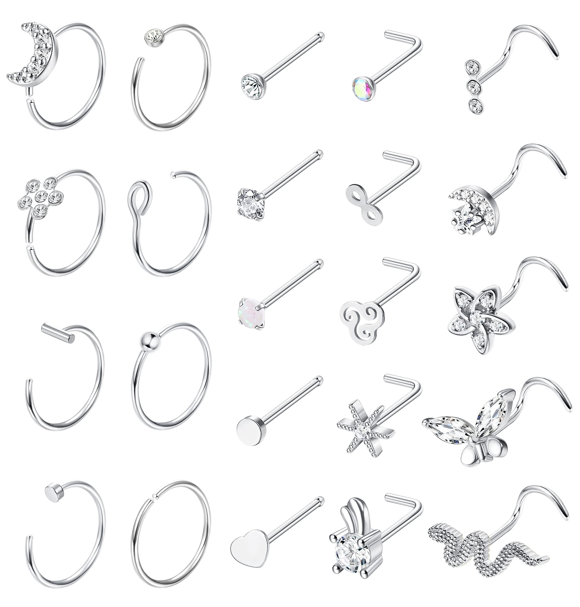 FIBO STEEL Nose Rings 20G Nose Rings Hoops Studs for Women Surgical Steel Nose Piercings Set L Bone Screws Shaped Silver-tone