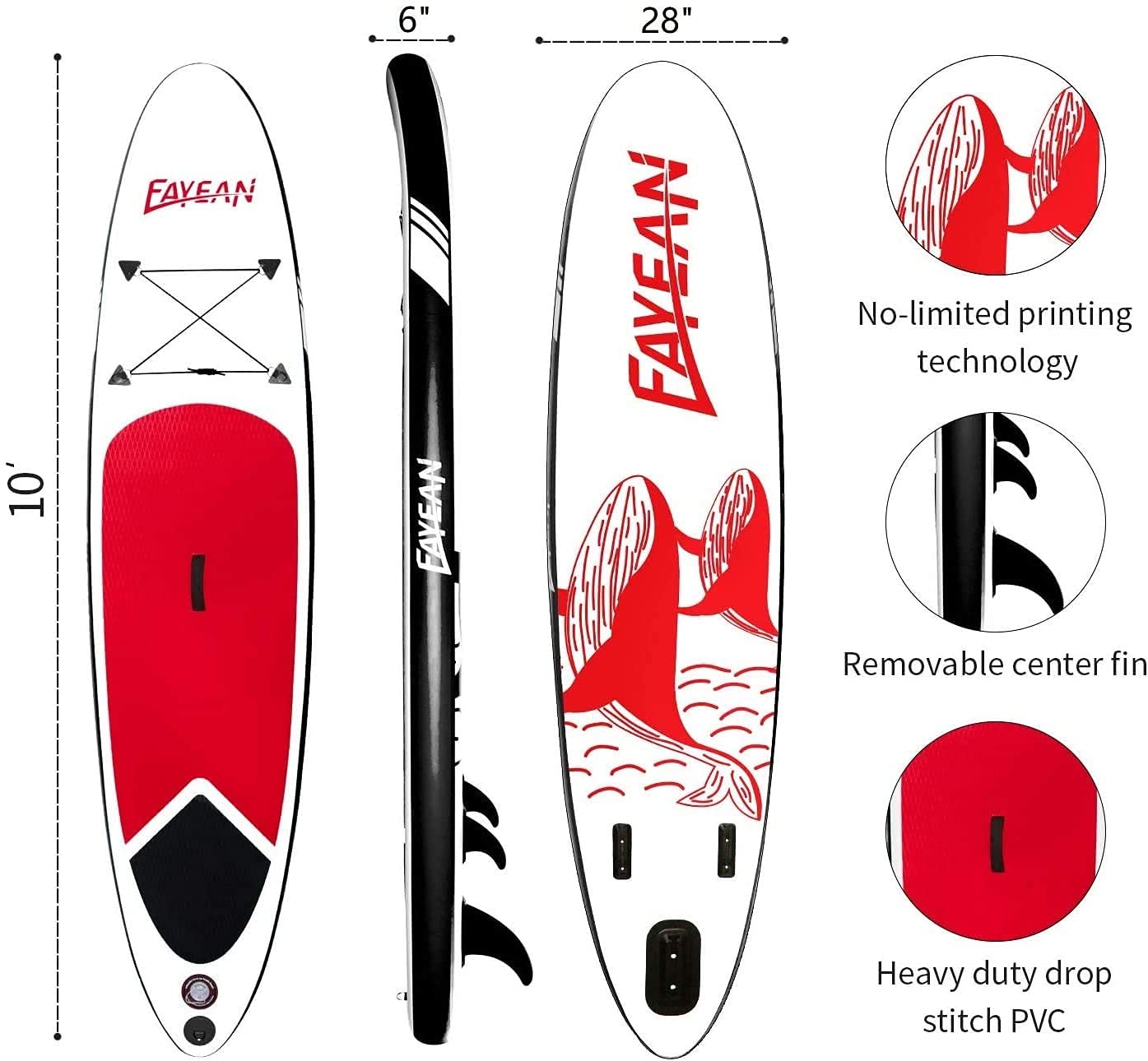FAYEAN Inflatable Stand Up Paddle Board 10'x28“x6“ Round SUP ISUP Board Include Hand Pump, Paddle, Backpack, Coil Leash,Carry Bag, Repair Kit and Waterproof Case (Red Whale)