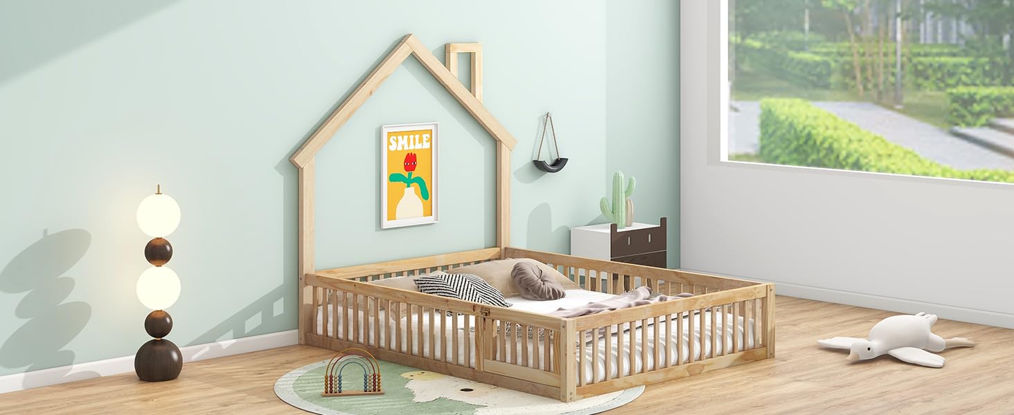 NUGYK Wood Full Size House Platform Bed with Guardrail, Solid Wood Floor Bed Frame with House-Shaped Headboard for Kids, Strong Sturdy Slats Support, Space-Saving Natural