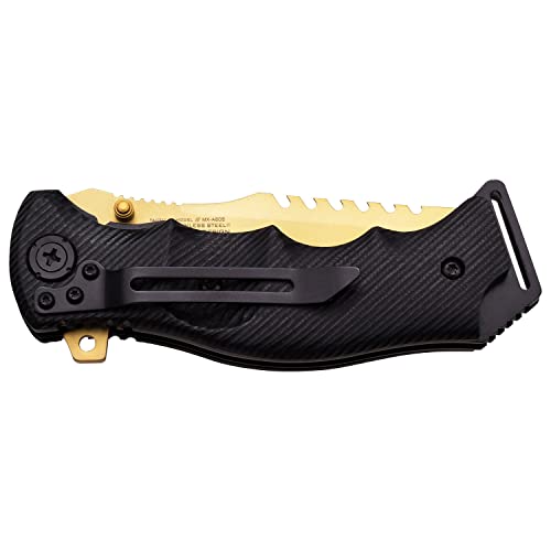 MTech USA Xtreme β Spring Assisted Open Folding Knife β Gold TiNite Coated Stainless Steel Tanto Blade with Sawback, Black G10 Handle, Liner Lock, EDC, Tactical β MX-A805GD