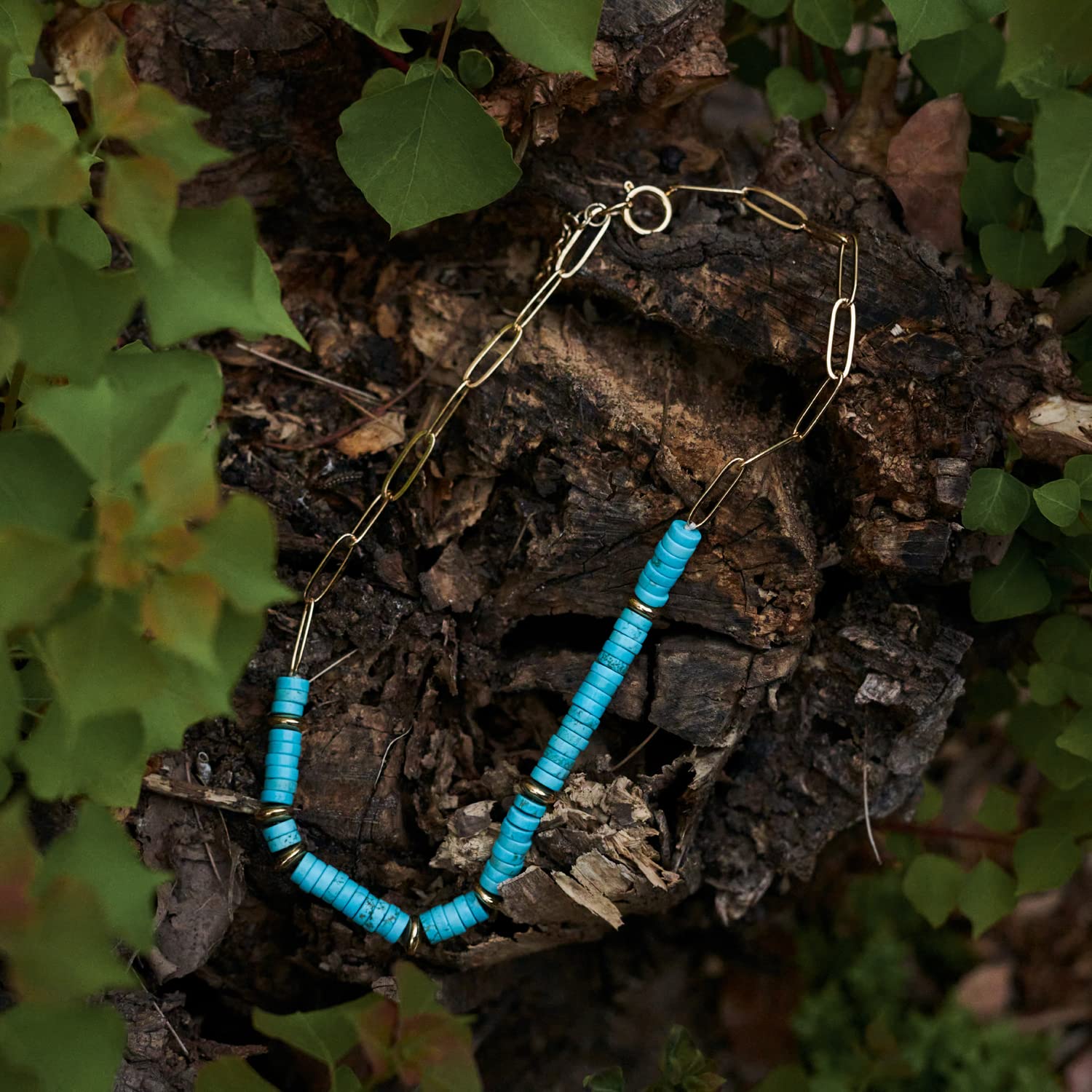 Emptizer Turquoise Necklace, Paperclip Chain Necklace for Women 18k Real Gold Plated, 16”+2