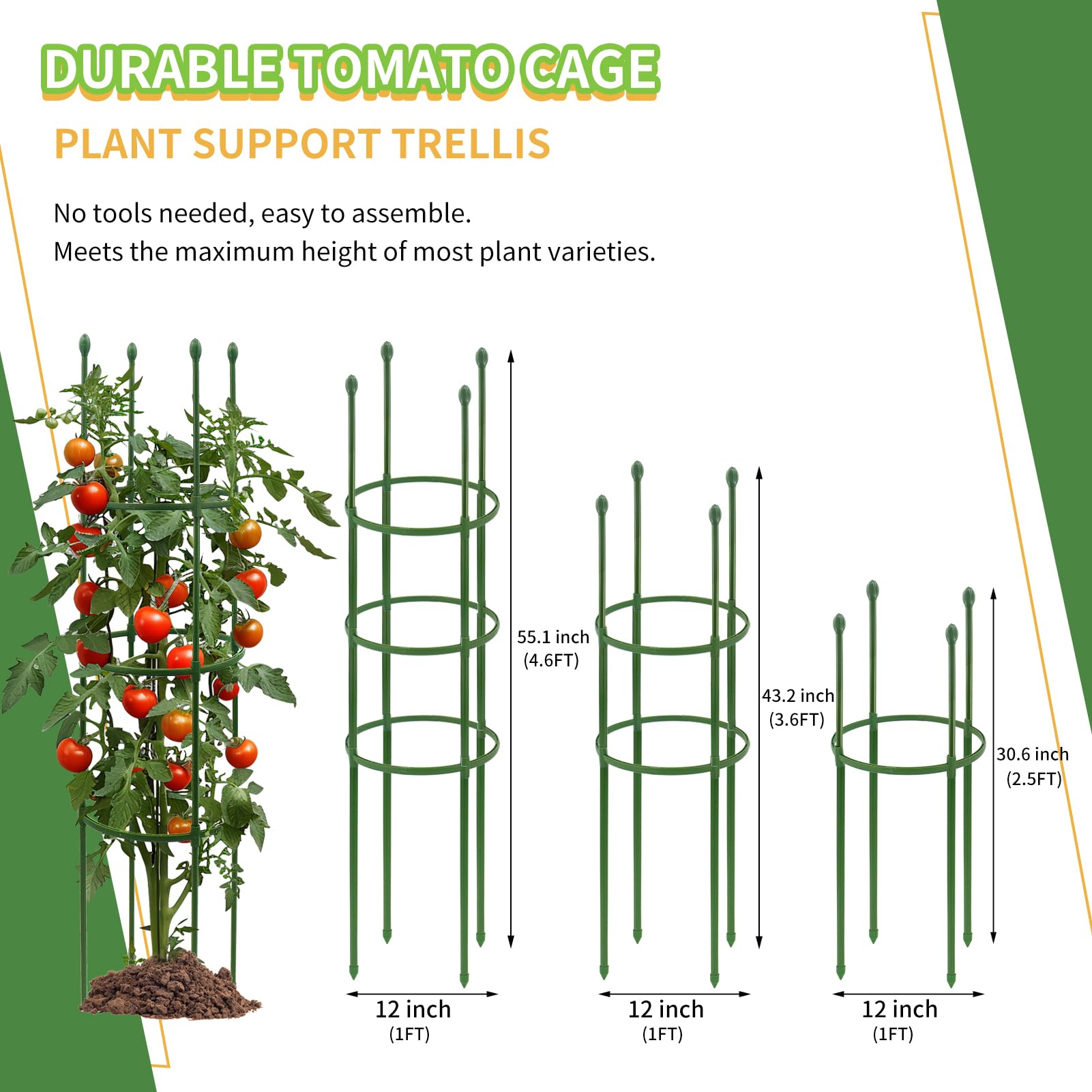 G-LEAF Adjustable Detachable Tomato Cage 3 Pack Tomatoes Plant Support Cages Trellis Garden Sticks/Stakes for Garden, Pot, Climbing Plants, Vegetables, Fruit, Flowers, 55 inch (Garden Ties Include)