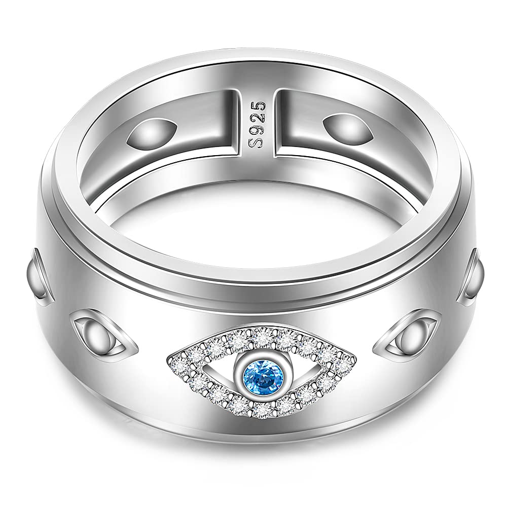 Fidget Ring Spinner Evil Eye Ring Sterling Silver Blue Evil Eyes Anxiety Worry Relieving Boredom Band Rings Nazar Amulet Third Eye Jewelry Size 8