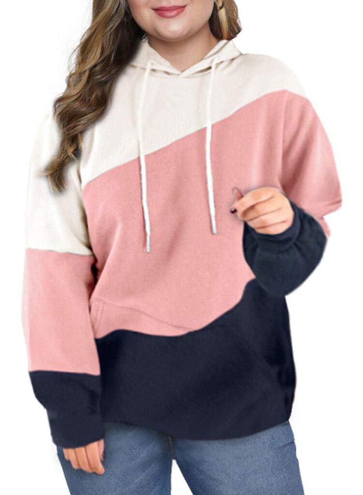 Eytino Women Long Sleeve Colorblock Pullover Hoodies Casual Plus Size Sweatshirt Tops with Pocket,4X Pink